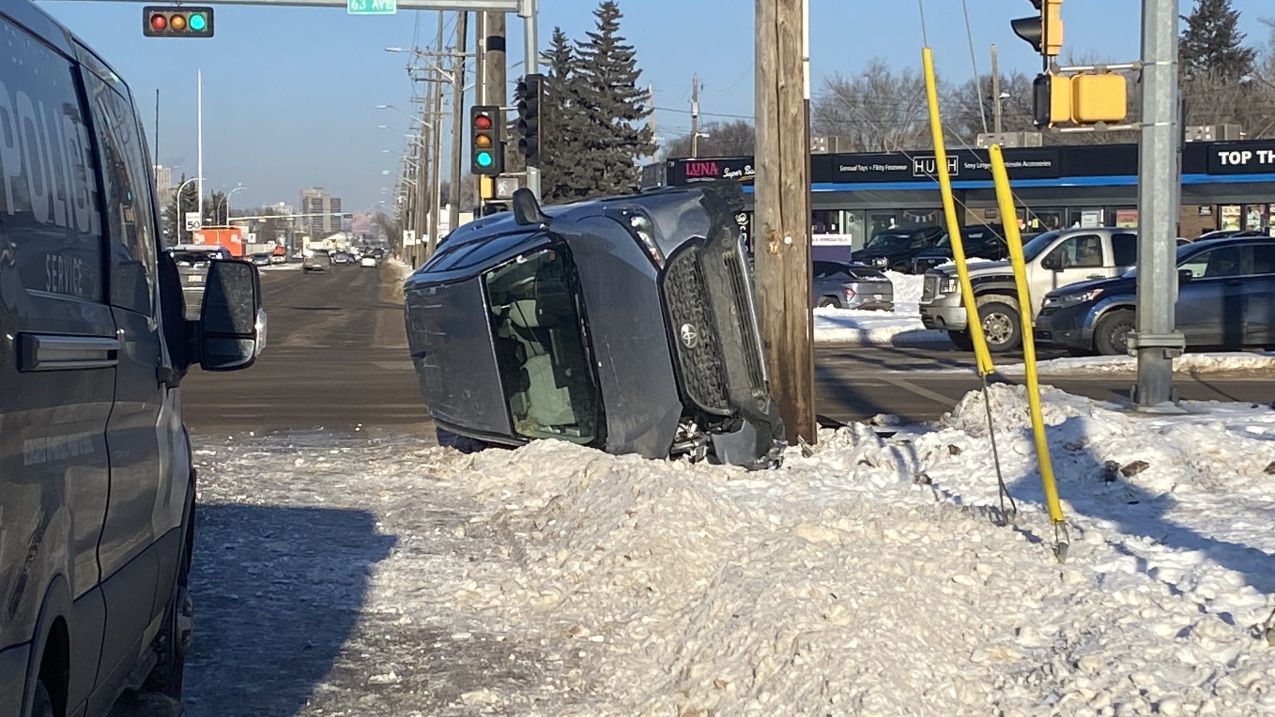 Icy conditions in Edmonton cause car to flip on Argyll Road