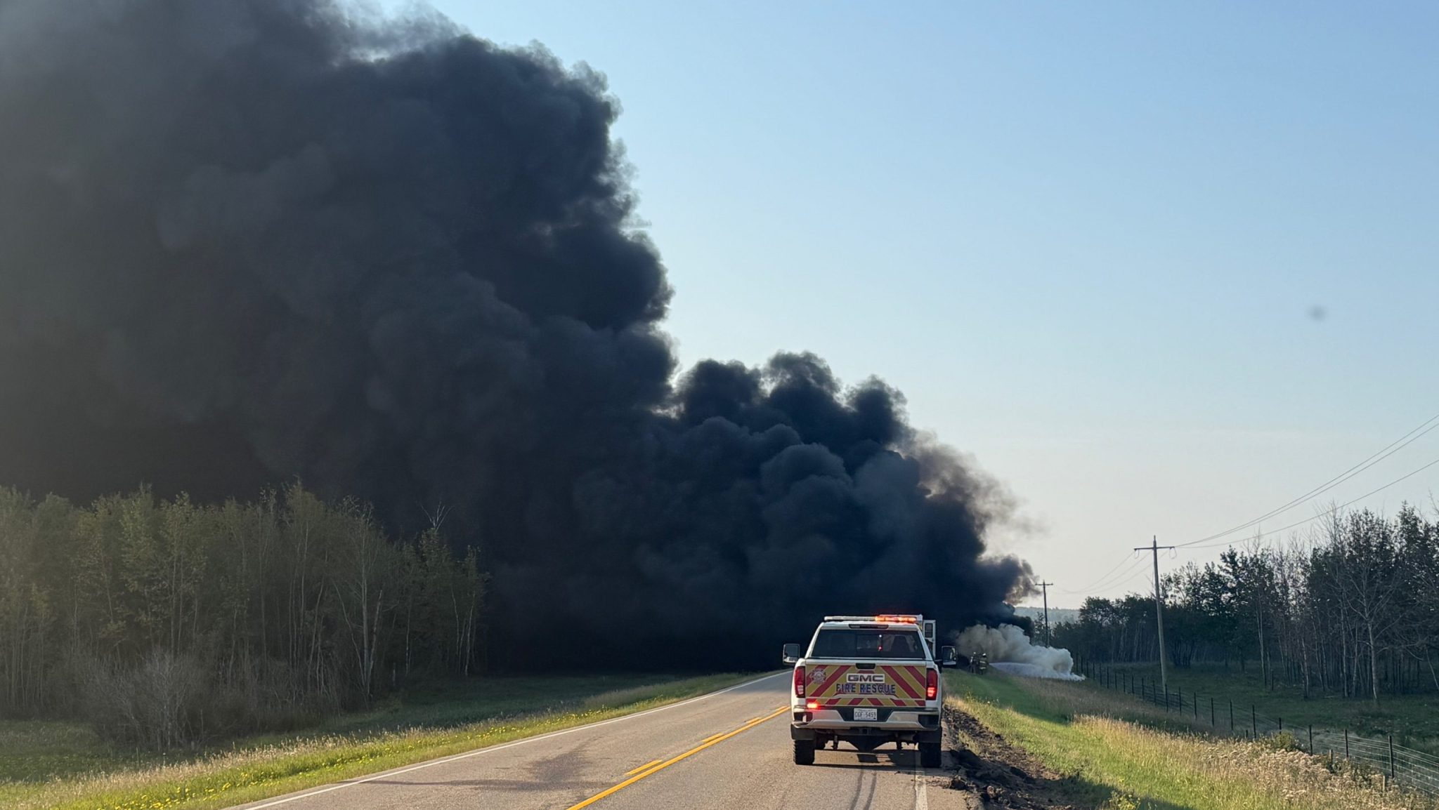 Dark smoke seen as oil tanker semi truck crashes northeast of Edmonton